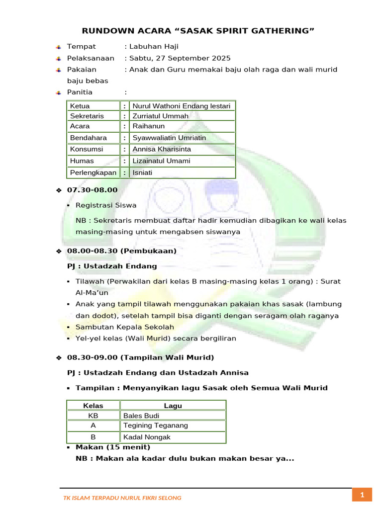 Rundown Acara Sasak Spirit Gathering | PDF