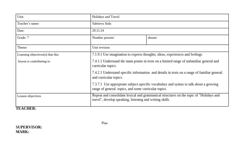 Holidays and Travel Unit Revision Plan | PDF