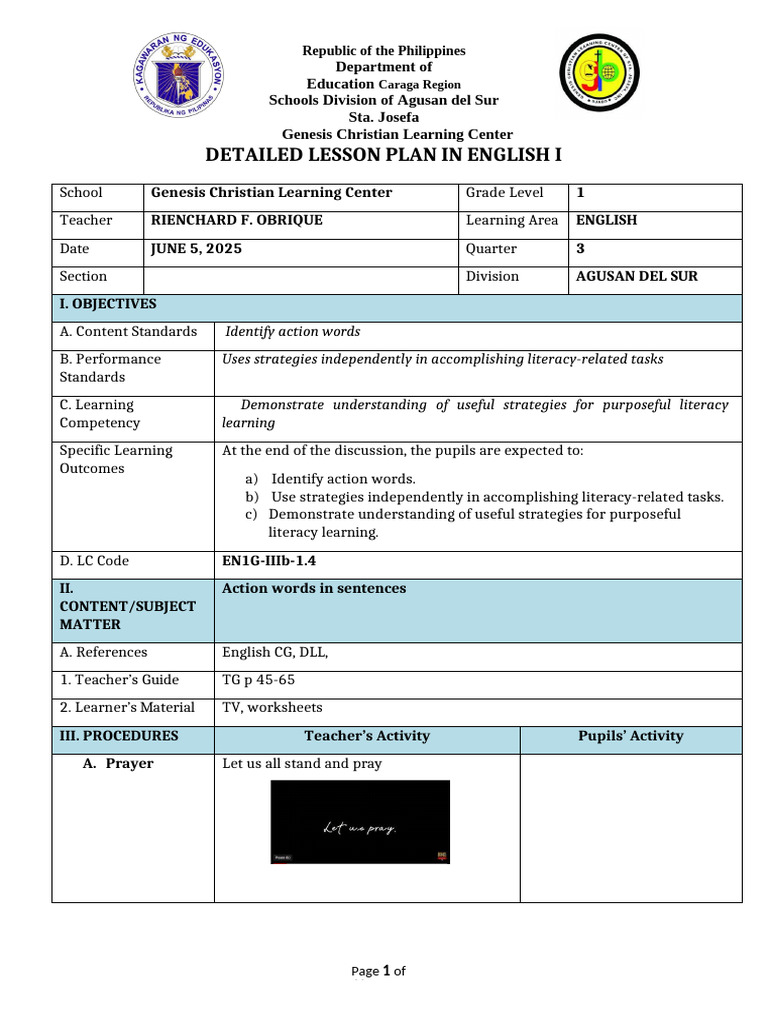 English I Lesson Plan on Action Words | PDF | Lesson Plan | Human ...