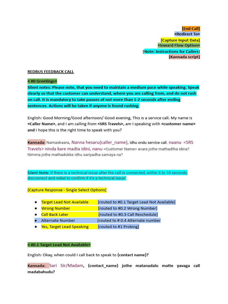Kannada of Red Bus Feedback Script Flow - Updated | PDF