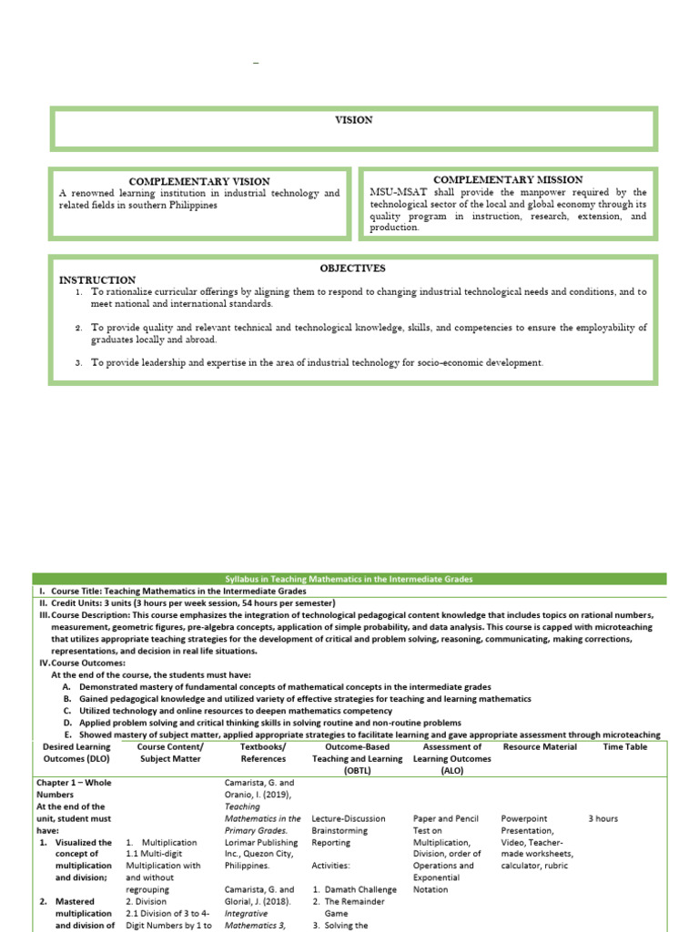 Syllabus in GED 110 Teaching Mathematics in The Intermediate Grades ...