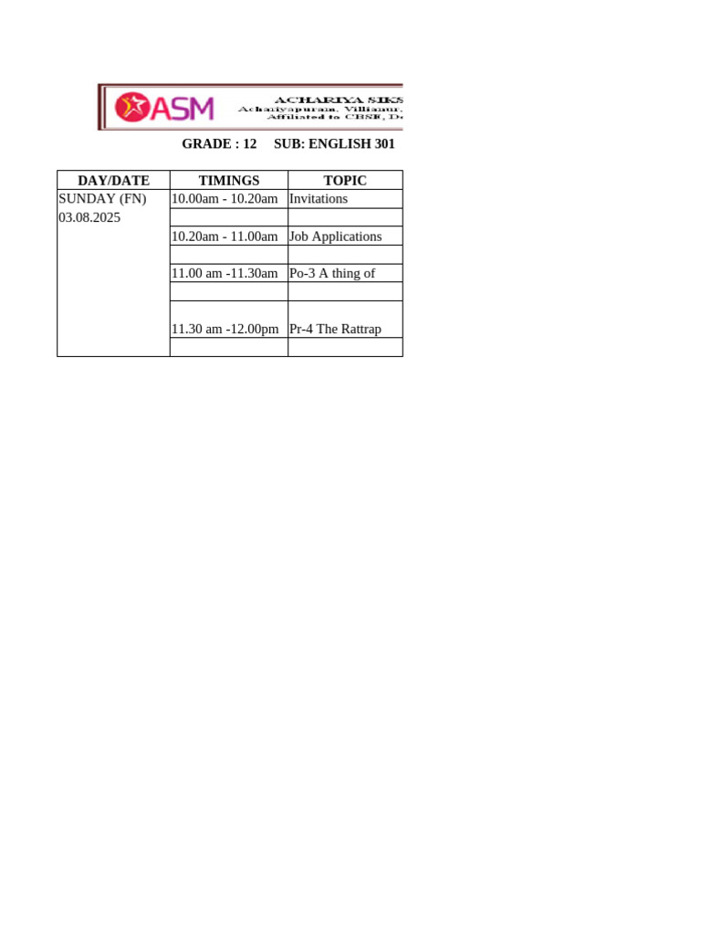 Grade 12 English 301 Revision Planner | PDF