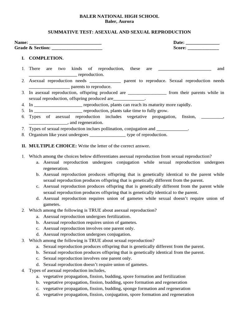 Reproduction Test: Asexual vs Sexual | PDF | Reproduction | Sexual ...