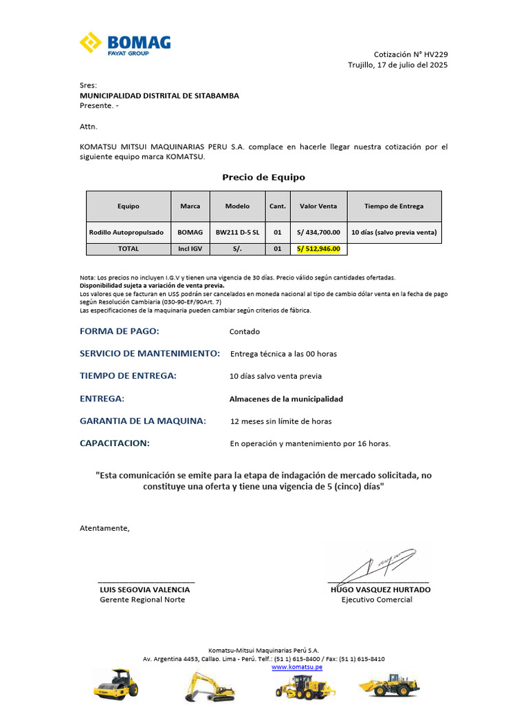 Cotización Rodillo Bomag BW211 D-5 SL | PDF | Vehículo de motor | Vehículos