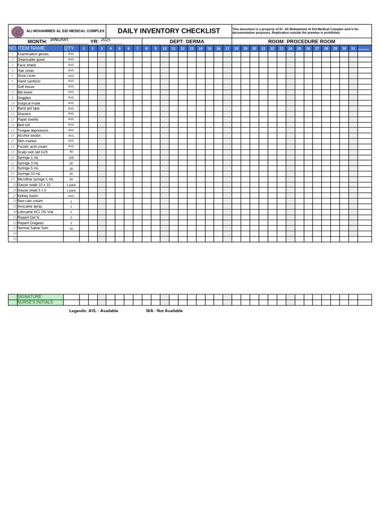 Daily Inventory Checklist for Derma Dept | PDF