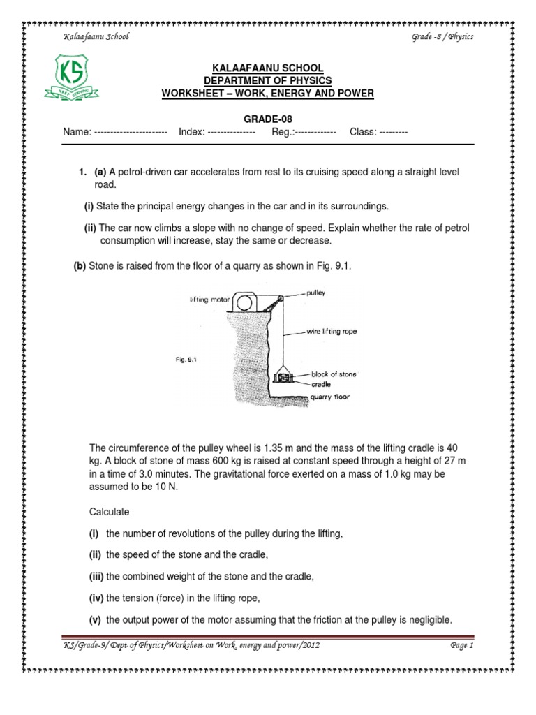 Work, Energy and Power Worksheet | PDF | Potential Energy | Power Station
