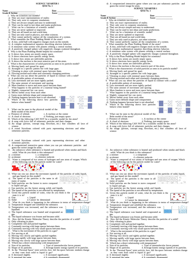 Science 7 Quiz 1 Quarter 1 | PDF | Gases | Atoms