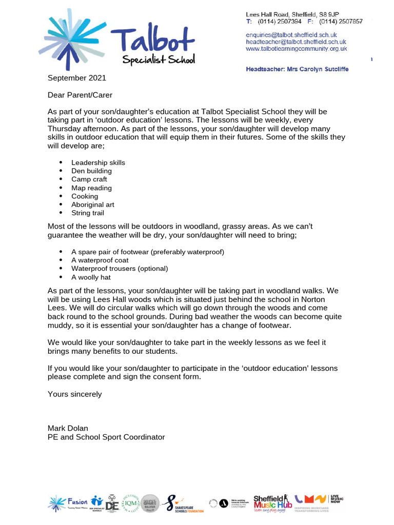 Outdoor Education Consent for Talbot School | PDF