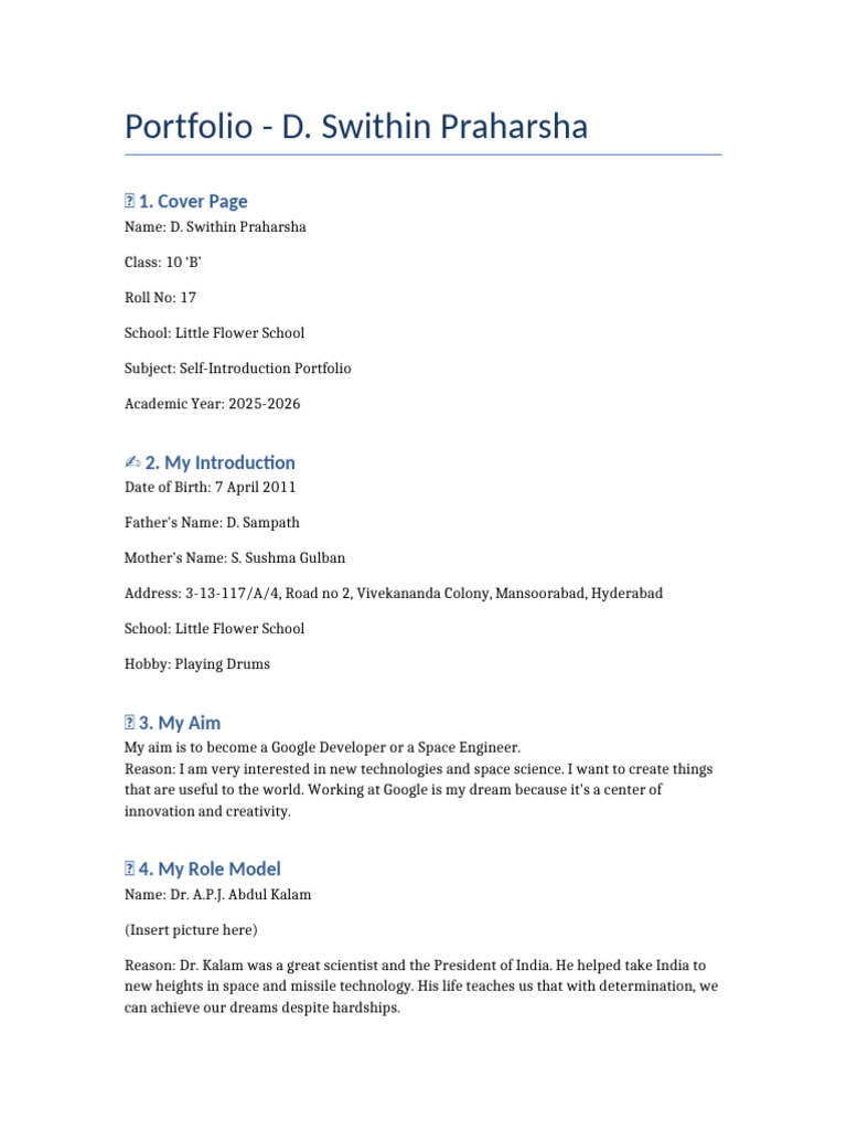 D. Swithin Praharsha's Self-Introduction Portfolio | PDF