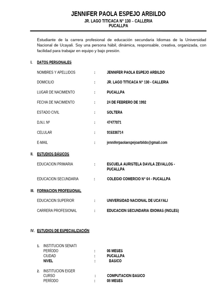 Perfil Profesional de Jennifer Espejo Arbildo | PDF | Etapas educativas