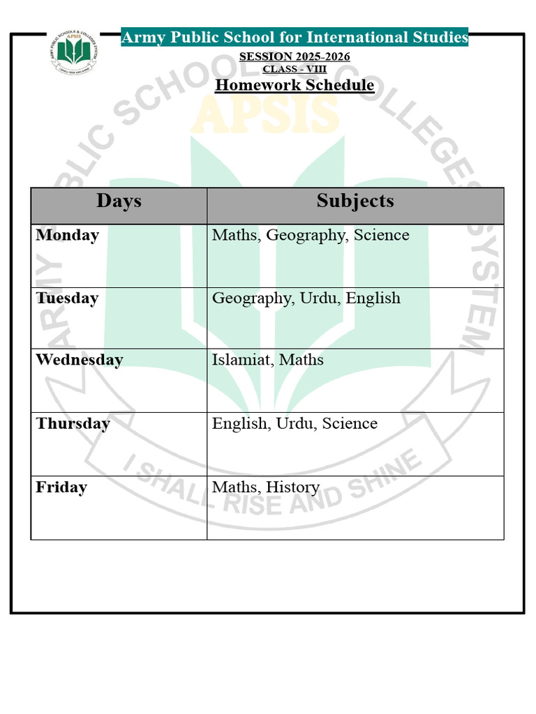 8th Class Homework Schedule 2025-2026 | PDF