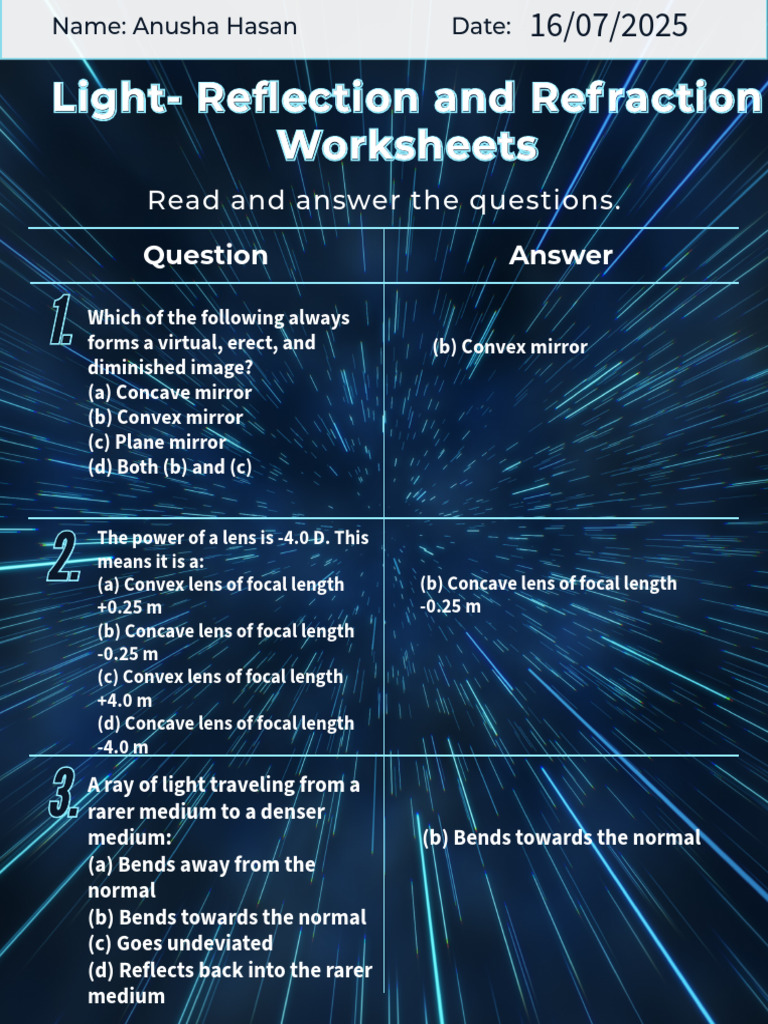 Light - MCQ Worksheet | PDF