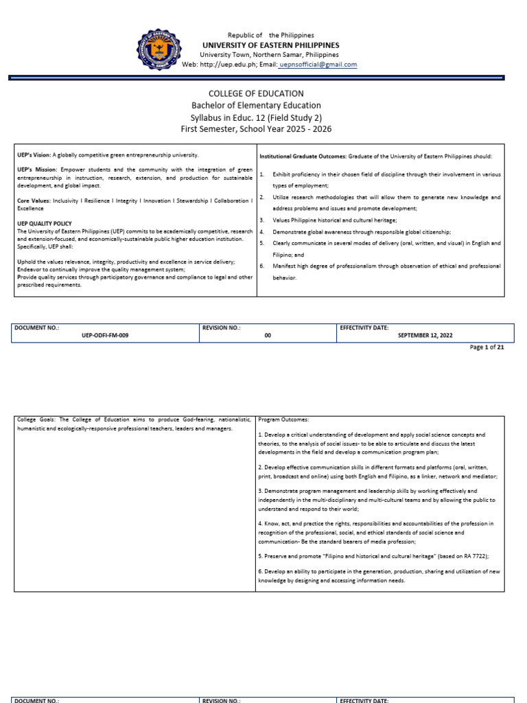 Field Study 2 Syllabus for Education | PDF | Learning | Educational ...