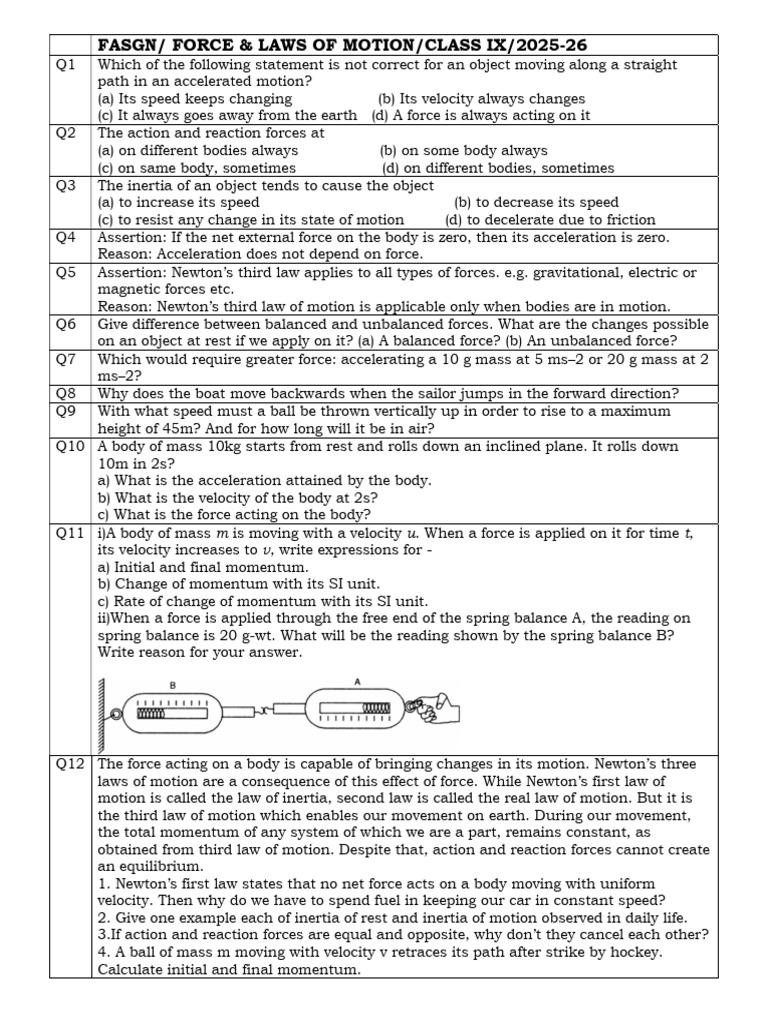 Force and Laws of Motion Worksheet | PDF | Force | Newton's Laws Of Motion
