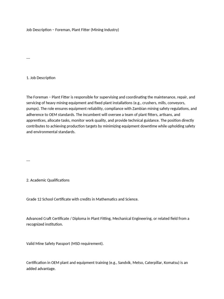 Job Description Plant Fitters | PDF | Safety