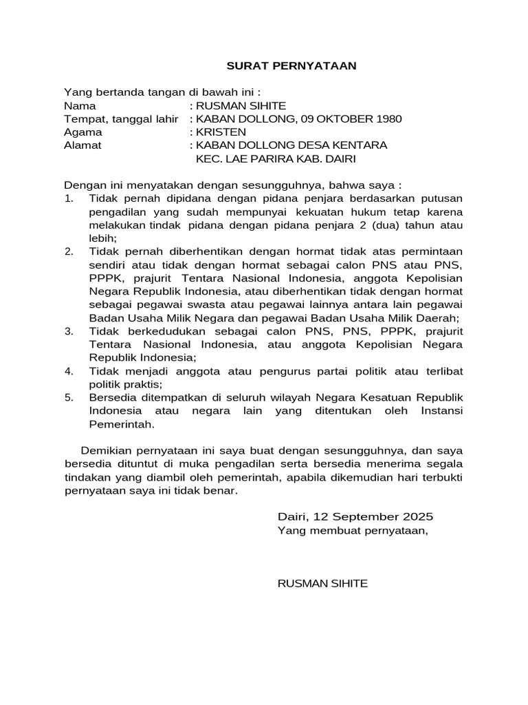 Surat Pernyataan CPPPK Rusman Sihite | PDF