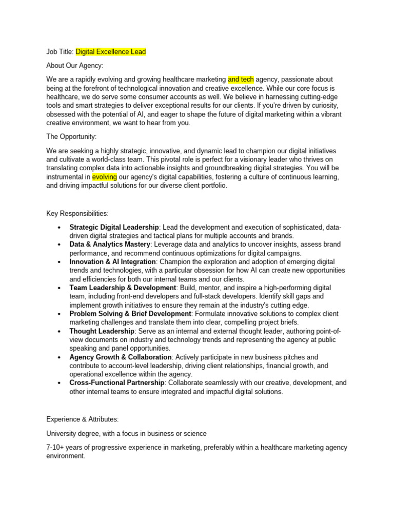 Digital Excellence Job Description | PDF | Analytics | Artificial ...