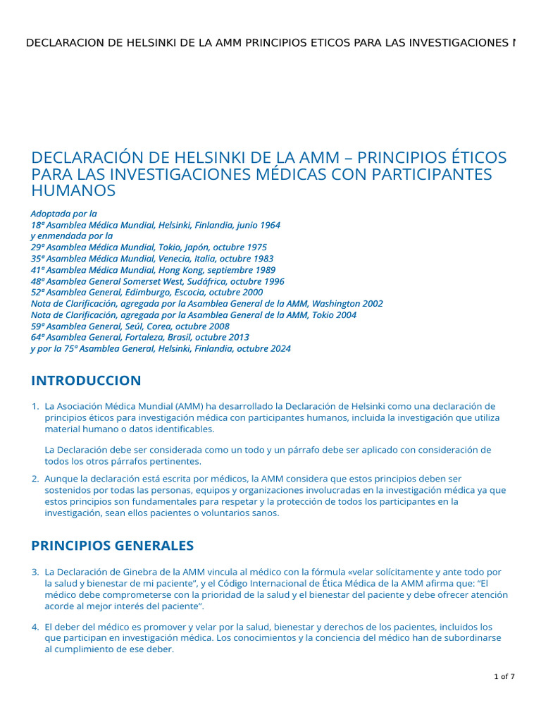 Declaracion de Helsinki de La Amm Principios Eticos Para Las Investigaciones Medicas en Seres ...