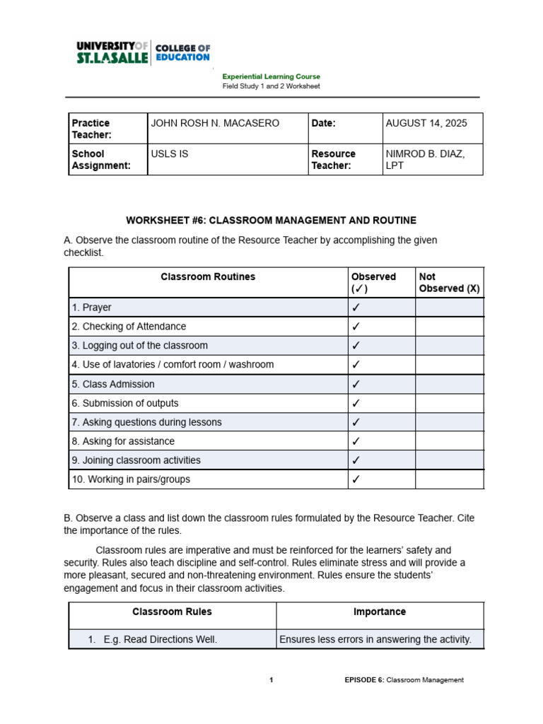 Classroom Management Worksheet Guide | PDF | Classroom Management ...