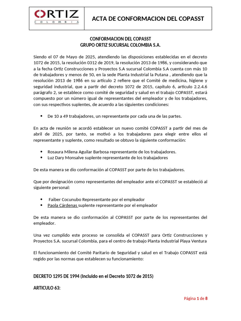 ACTA DE CONFORMACION DEL COPASST OF CTRAL 4_5_23 | PDF | Seguridad y ...