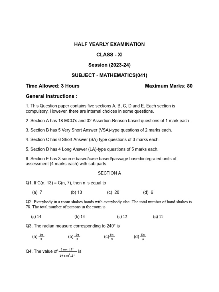 Class XI Mathematics Half-Yearly Exam 2023-24 | PDF | Vehicle ...