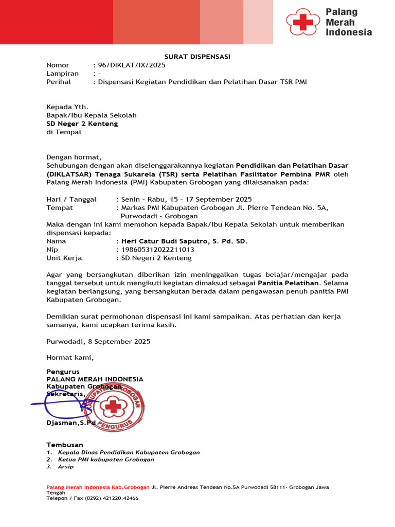 Dispensasi Pelatihan TSR PMI Grobogan | PDF