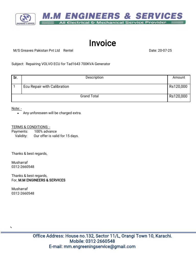 ECU Repair Invoice for VOLVO Generator | PDF
