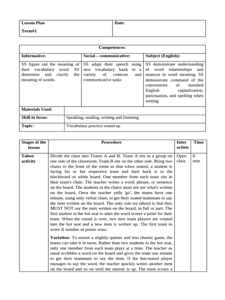 Vocabulary Lesson Plan for Intermediates | PDF | English Language ...