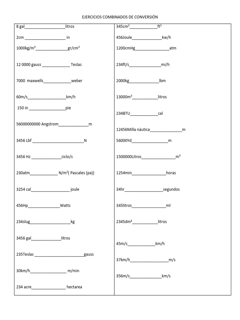 Ejercicios de Conversiones Combinadas | PDF