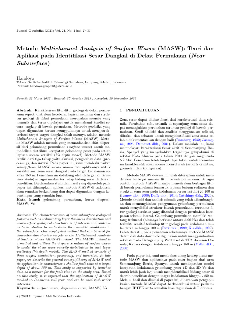 Metode Multichannel Analysis of Surface Waves (MASW) Teori Dan Aplikasi Pada Identifikasi Sesar ...