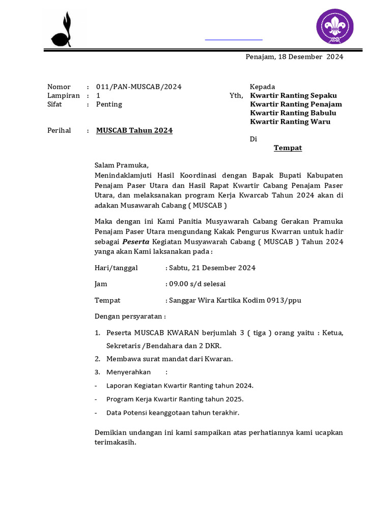 Undangan Muscab 2024 Ke Kwarran | PDF