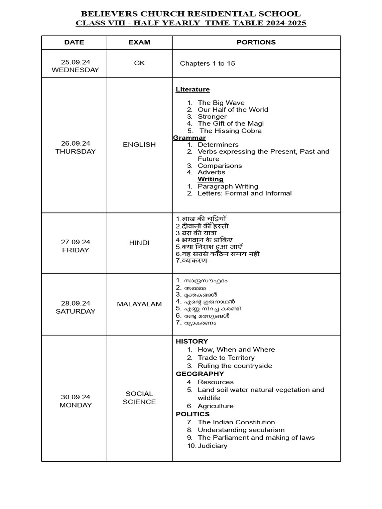 VIII - HALF YEARLY TIME TABLE With Portions 2023-24 | PDF | Algebra ...