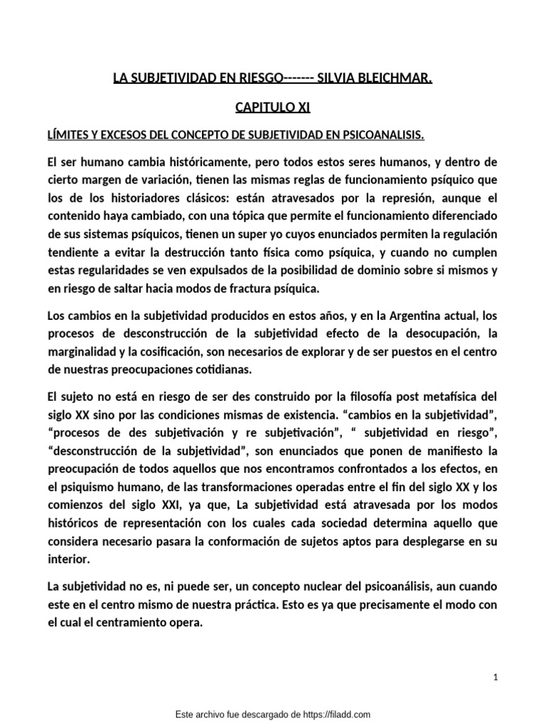 Resumen Silvia Bleichmar La Subjetividad en Riesgo | PDF | Mente inconsciente | Psicoanálisis