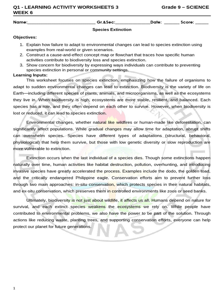 Grade 9 Science: Species Extinction Worksheet | PDF | Extinction ...