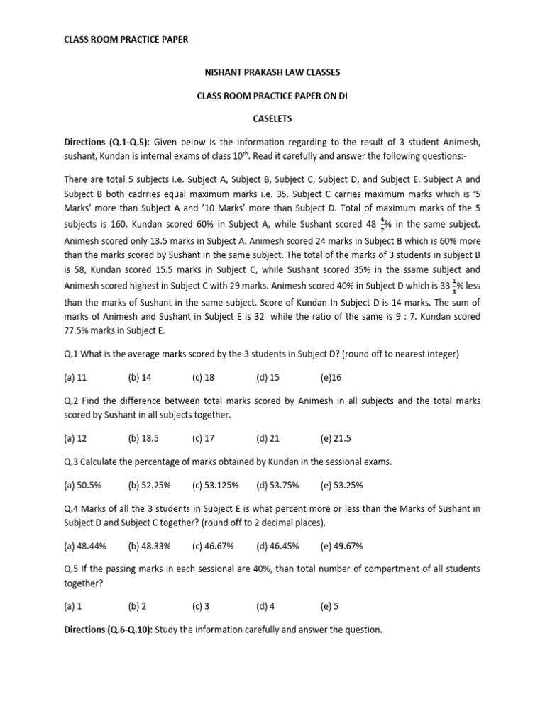 (Caselets) Class Room Practice Paper On Di (Bankers Adda PDF) | PDF | Arithmetic | Elementary ...