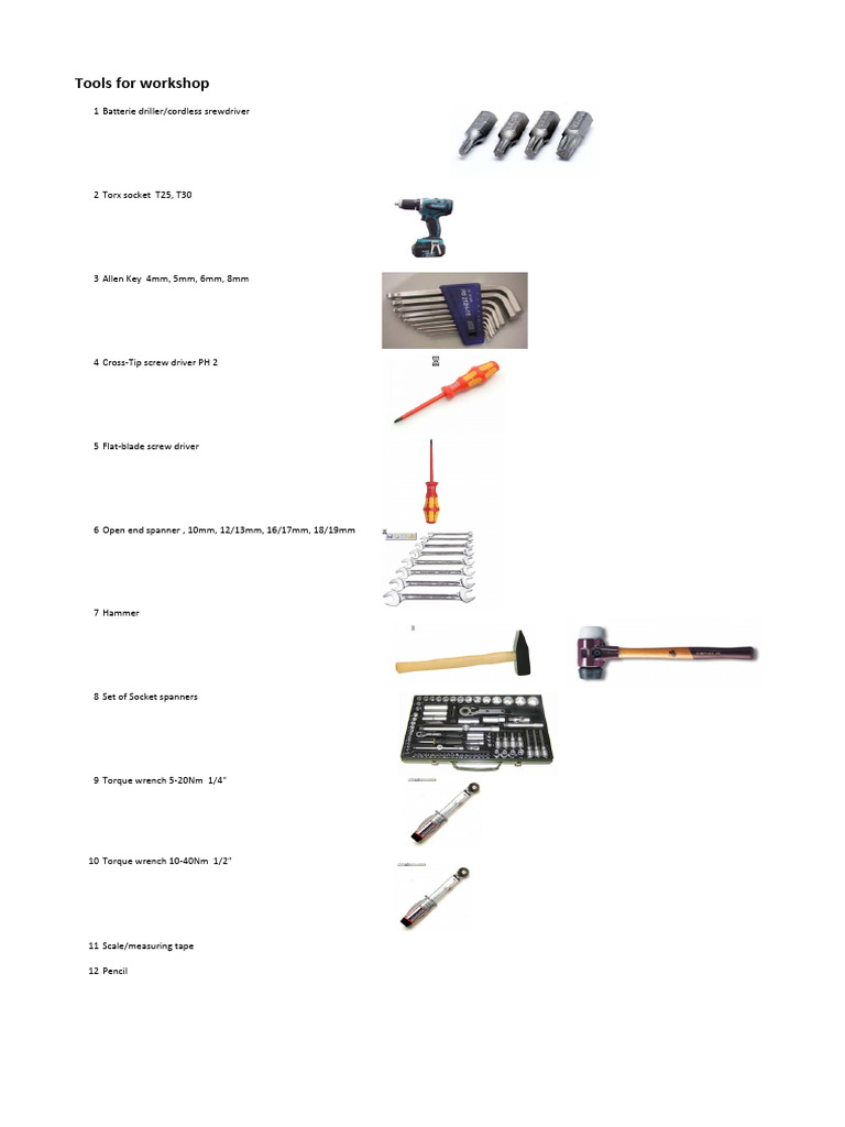 Workshop Tools and Equipment List | PDF