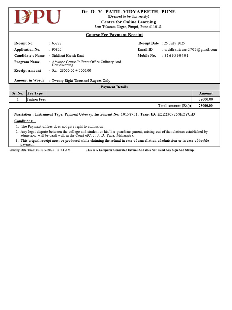 Course Fee Receipt for Culinary Program | PDF
