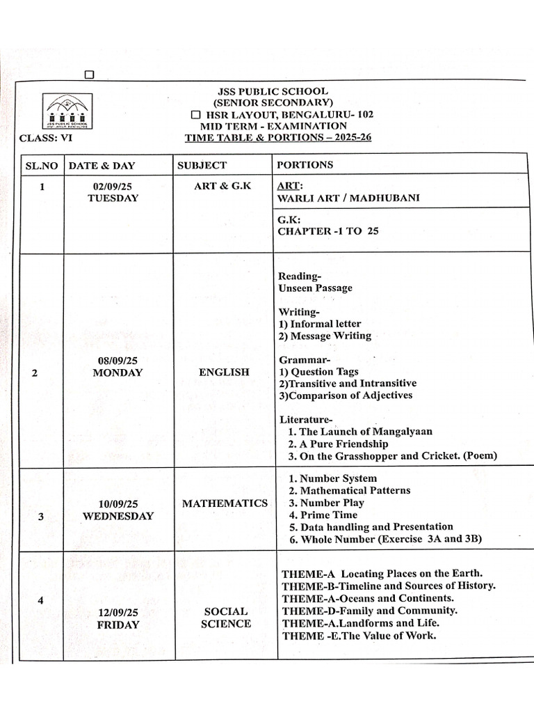 Class VI Portions and Time Table | PDF