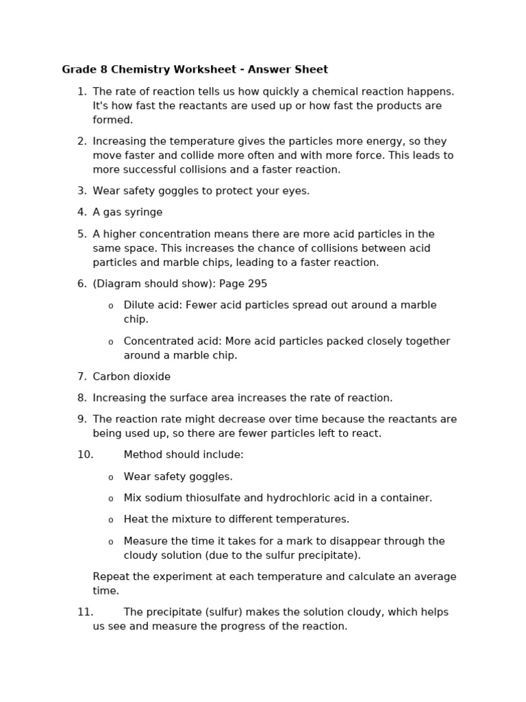 Grade 8 Chemistry Reaction Rates Worksheet | PDF | Reaction Rate ...