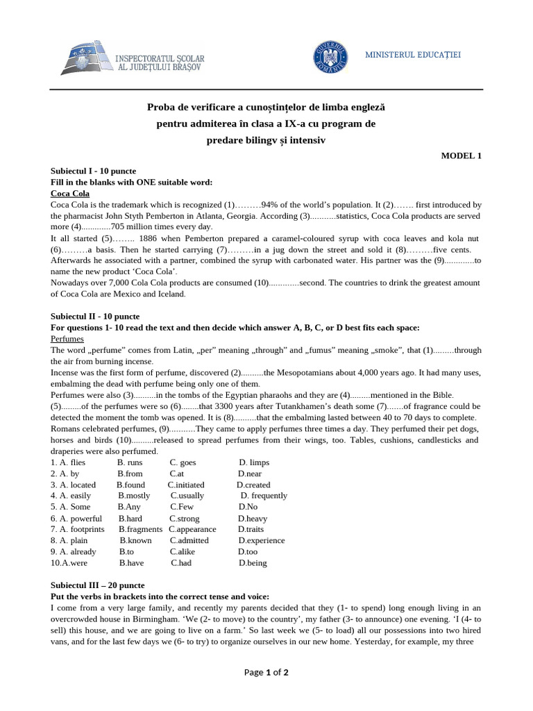 English Knowledge Test for 9th Grade | PDF | Cola | Coca Cola