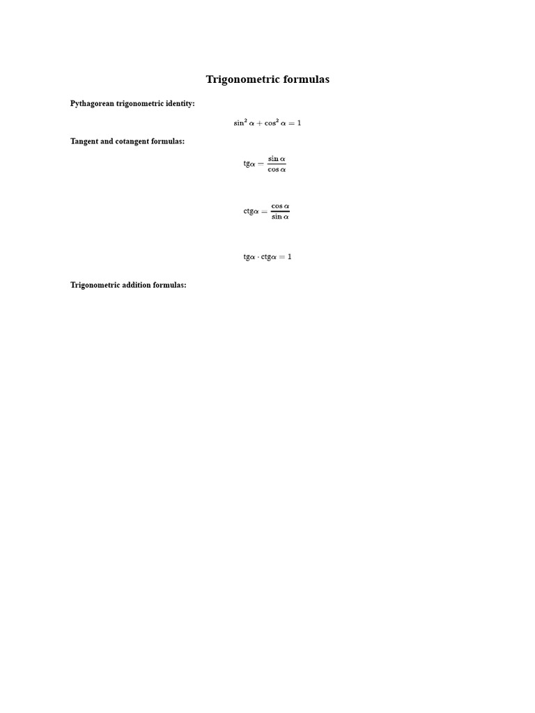 Trigonometric Formulas 2 | PDF