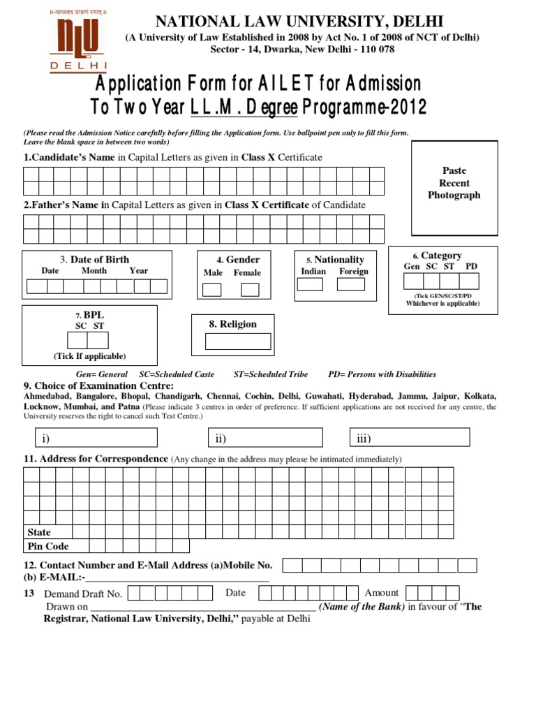 Application Form For AILET For Admission To Two Year LL.M. Degree ...