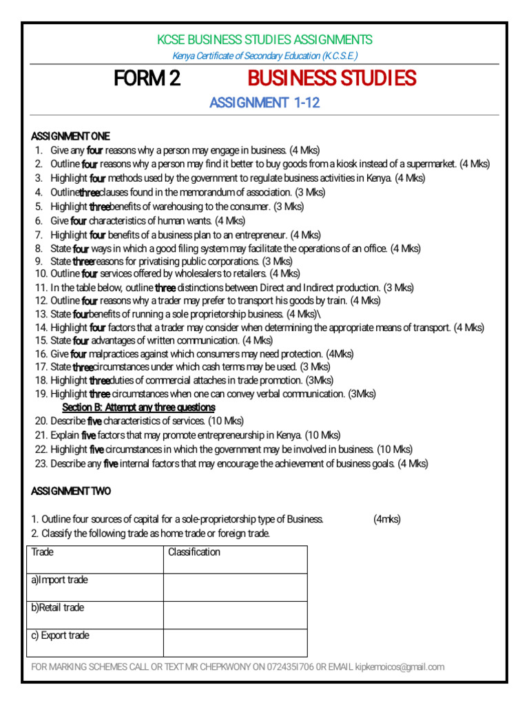 KCSE Business Studies Assignments Guide | PDF