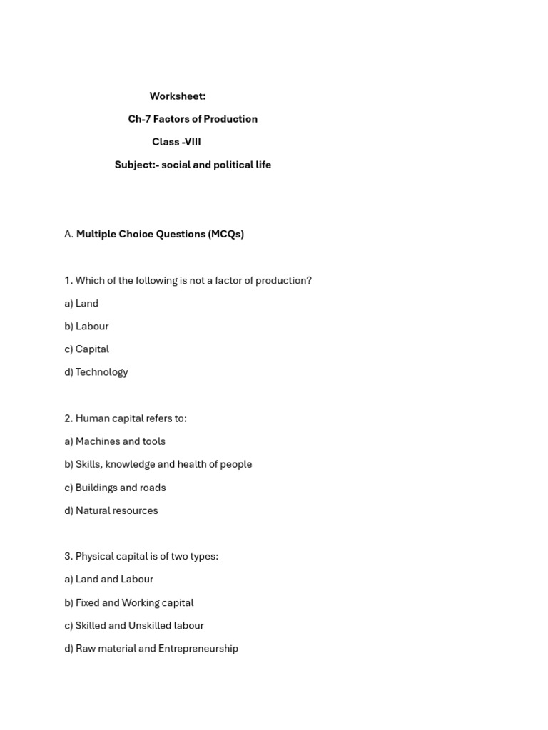 Class 8 Factors of Production Worksheet | PDF