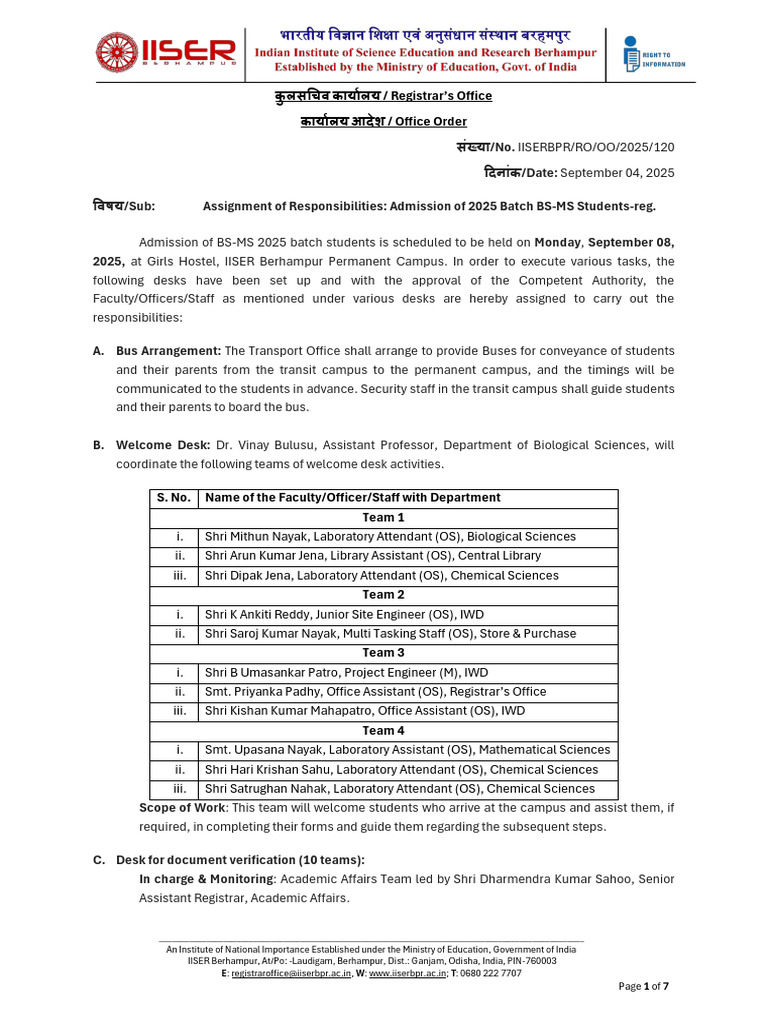 IISER Berhampur 2025 BS-MS Admissions Plan | PDF