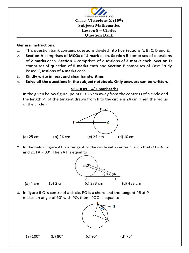 Mathematics Question Bank: Circles | PDF | Circle | Perpendicular