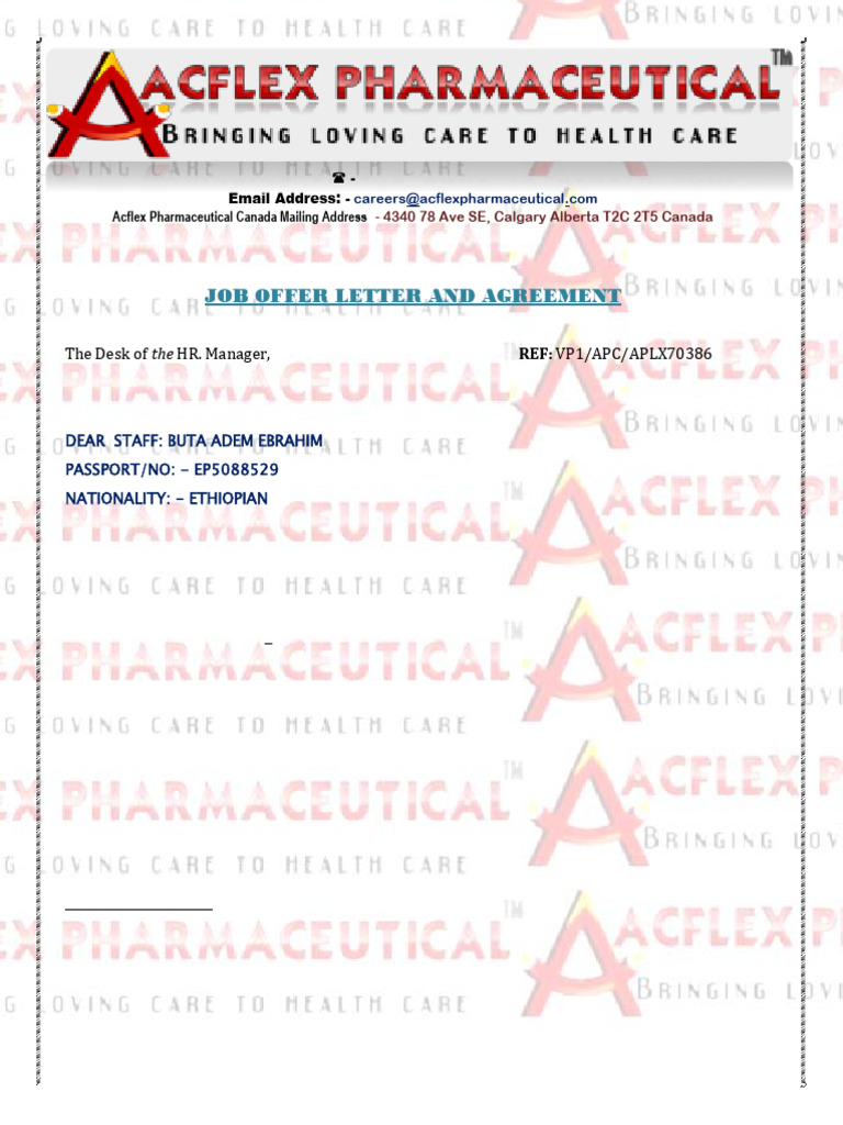 Acflex Pharmaceutic Job Offer Letter - Buta Adem Ebrahim | PDF | Salary ...