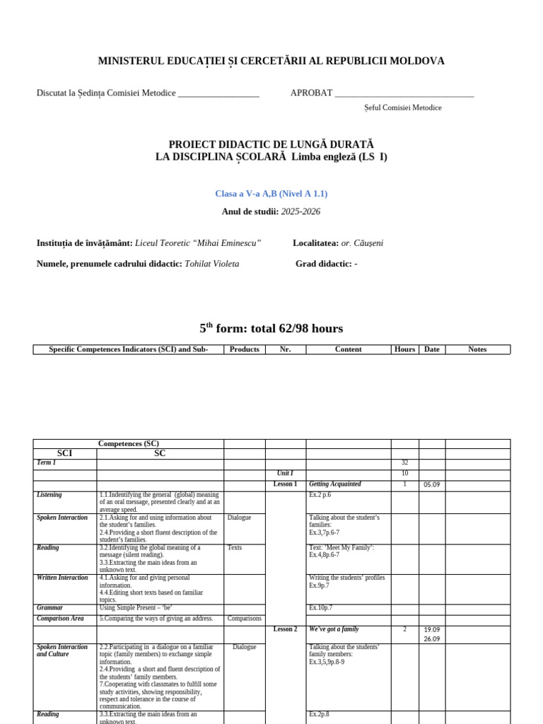Plan de Lunga Durata CL 5 Engleza Pentru Viitor | PDF | Communication | Nonverbal Communication