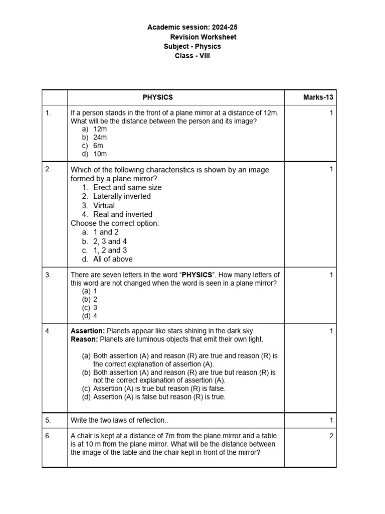 Revision Grade 8 Physics Ut 1 Pdf Mirror Reflection Physics