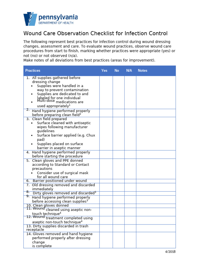 Wound Care Infection Control Checklist | PDF | Hand Washing | Hygiene